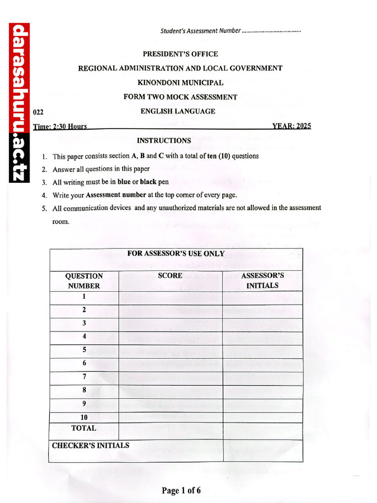 English Language Form Two Mock KMC 2025-1 | PDF