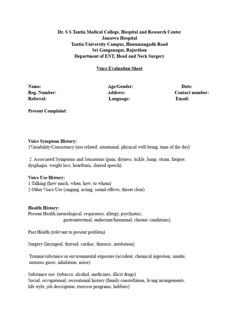 Voice Evaluation Sheet | PDF | Pitch (Music) | Medical Specialties