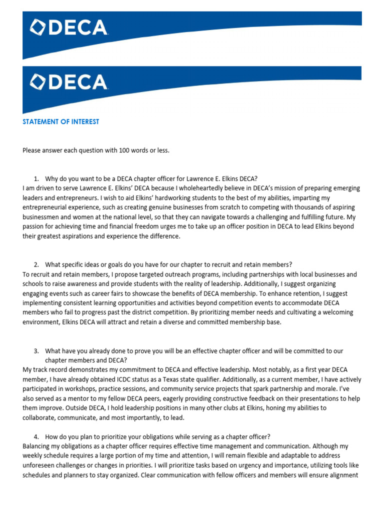 2024-25 Elkins DECA Officer Application - Statement of Interest | PDF ...