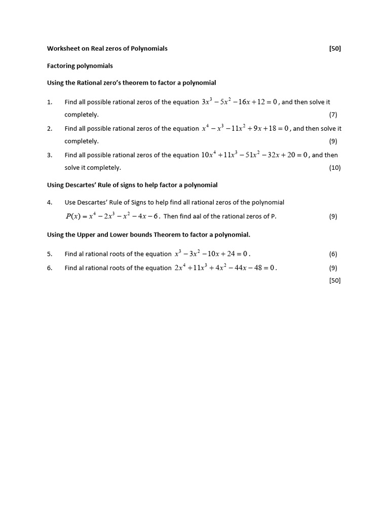 Real Zeros of Polynomials Worksheet | PDF