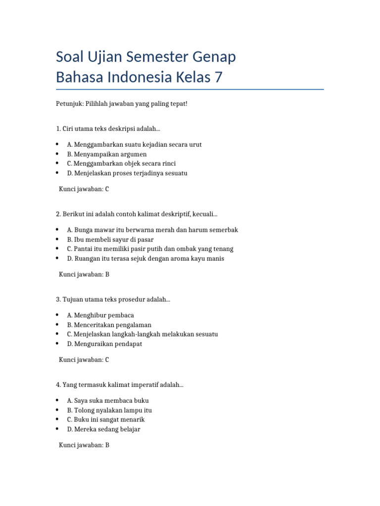 Soal Ujian Bahasa Indonesia Kelas 7 Semester Genap | PDF