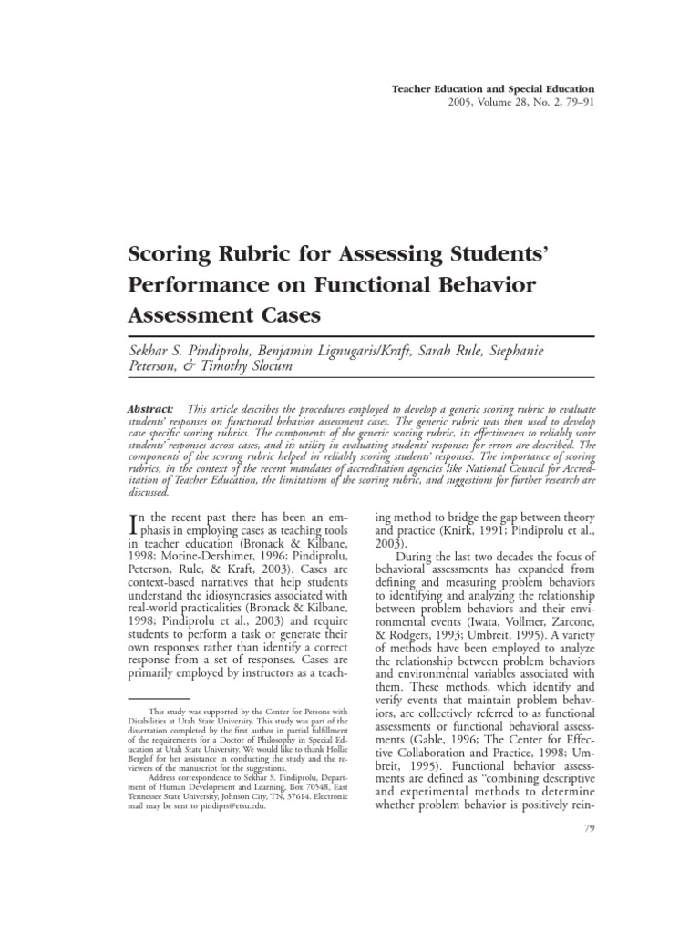 Pindiprolu Et Al 2005 Scoring Rubric For Assessing Students Performance On Functional Behavior ...