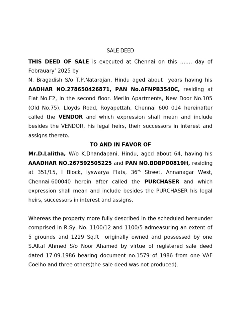 Sale Deed-Merlin Apartment | PDF | Covenant (Law) | Taxes
