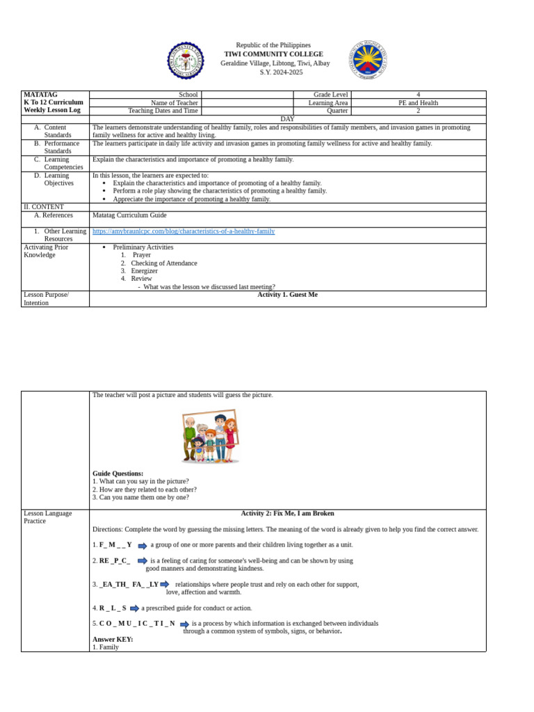 MATATAG LP in Pe and Health | PDF | Family | Communication