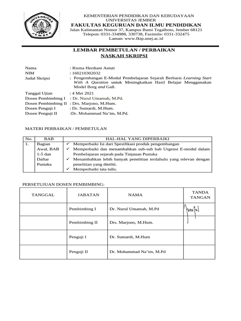 Lembar Perbaikan Sidang Skripsi Risma H - 160210302032 | PDF