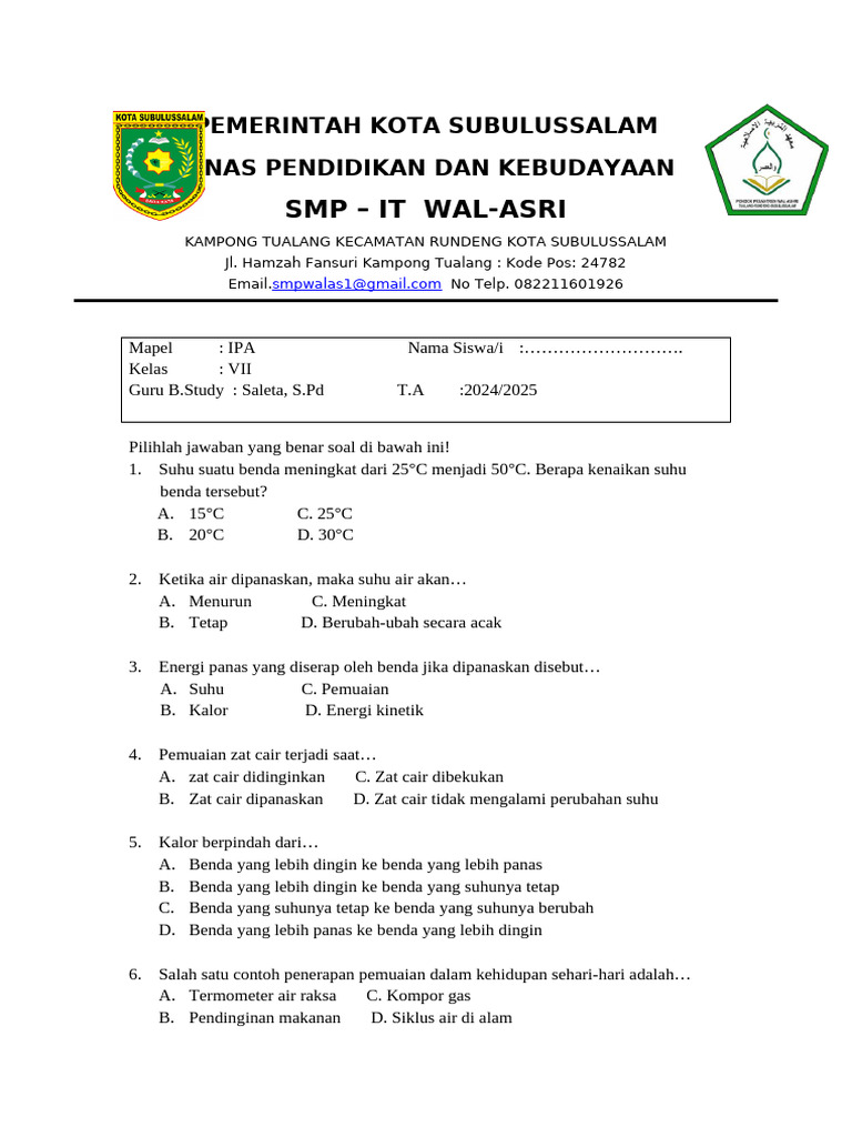 Soal UAS Kelas VII Mapel IPA | PDF