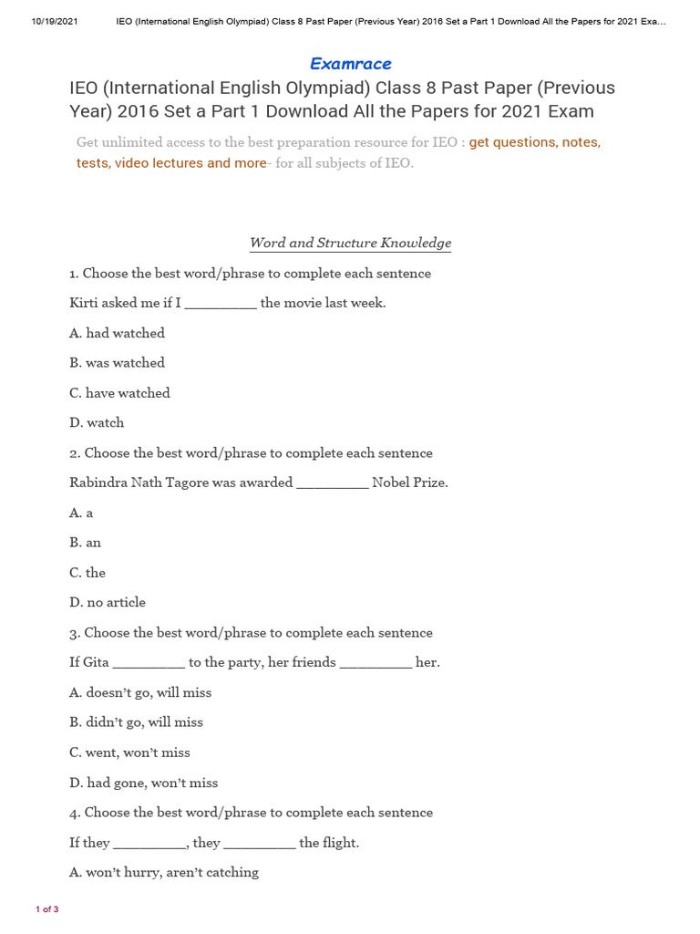 IEO Class 8 Paper 2016 Set A Part 1 | PDF | Chess Openings | Chess Theory