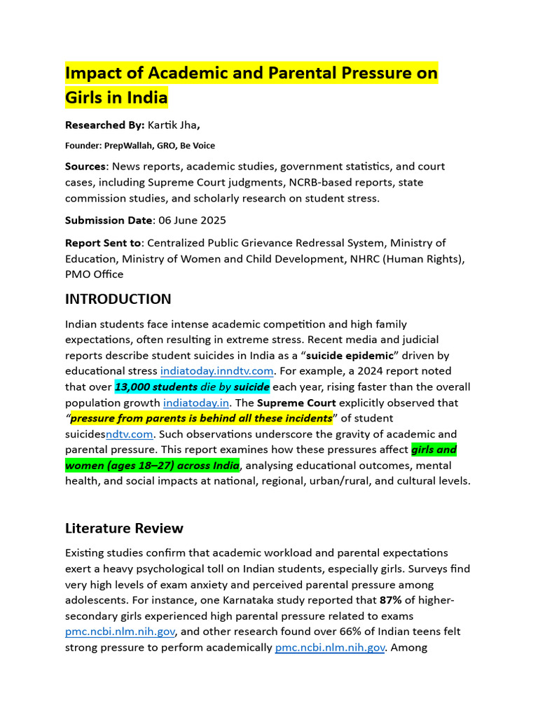 Academic Pressure on Indian Girls | PDF | Mental Health | Adolescence