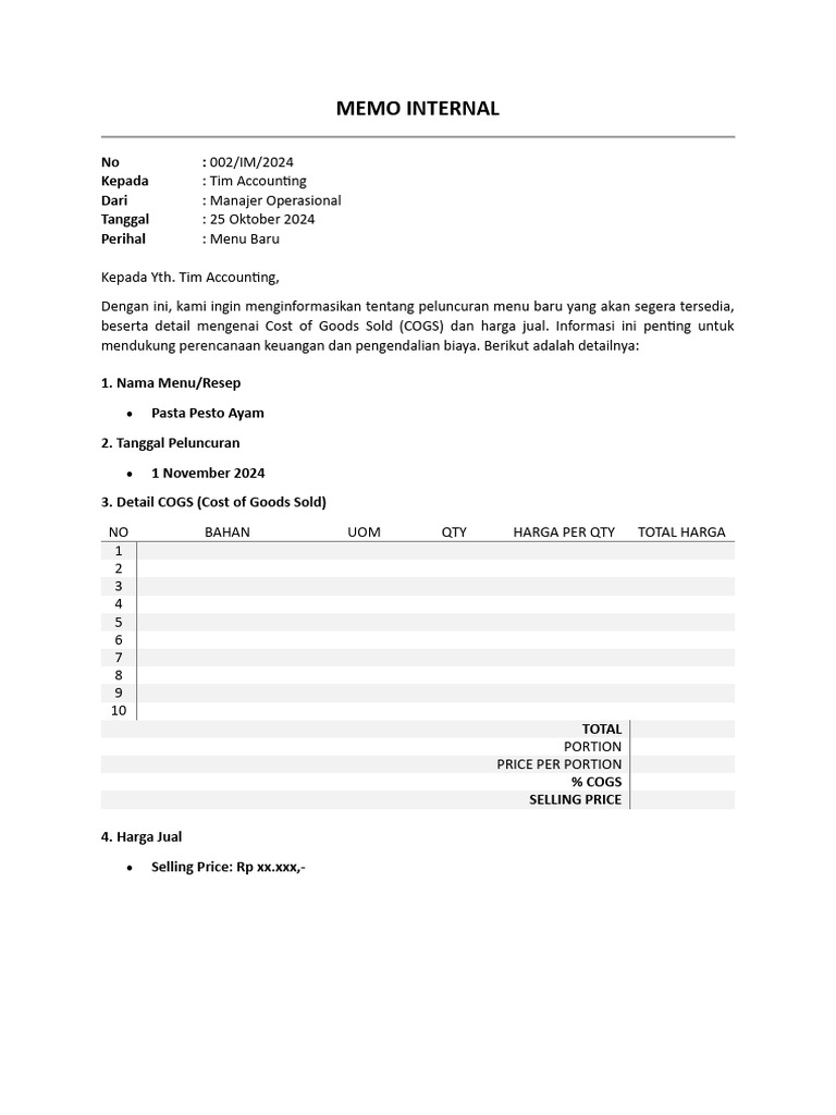 Memo Internal Menu Baru | PDF