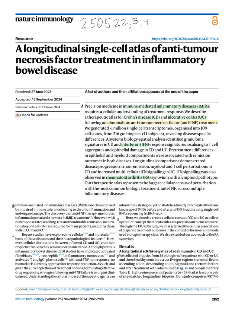 A Longitudinal Single-Cell Atlas of Anti-Tumour Necrosis Factor Treatment in Inflammatory Bowel ...