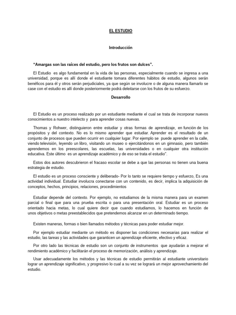 ENSAYO EL ESTUDIO apa | PDF | Aprendizaje | Habilidades de estudio