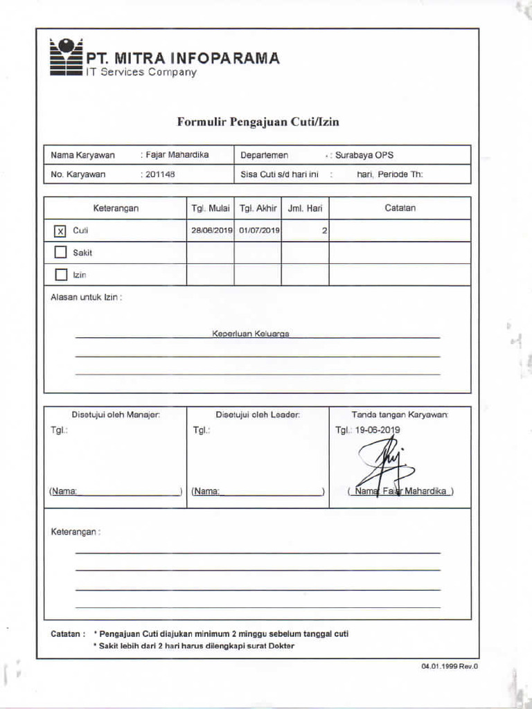 Form Cuti Fajar Mahardika020 | PDF