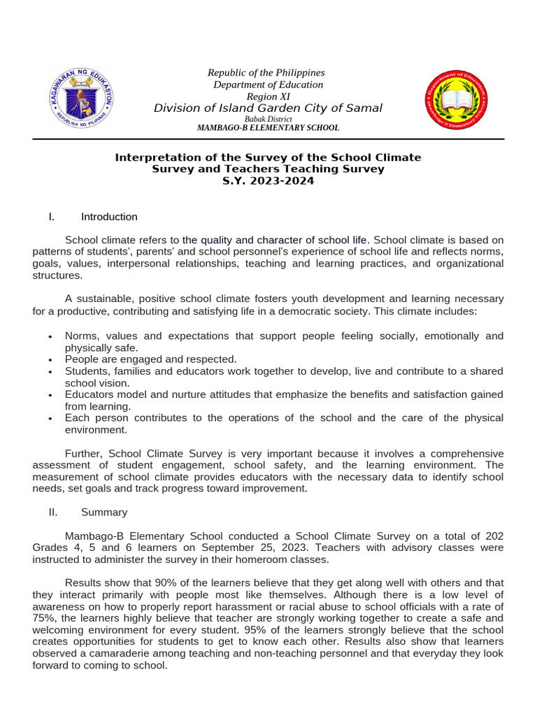 Interpretation of The Schoo Climate Survey | PDF | Teachers | Schools