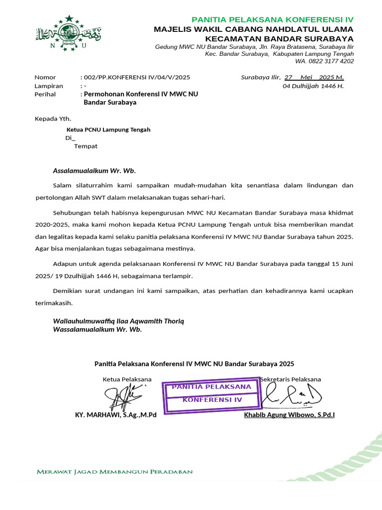 Surat Permohonan Konferensi MWC NU | PDF
