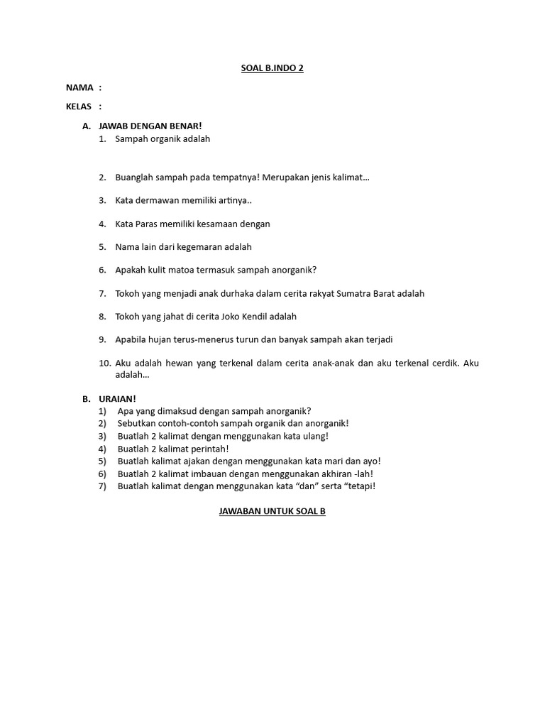 Soal B. Indonesia Kelas 2: Sampah dan Kalimat | PDF
