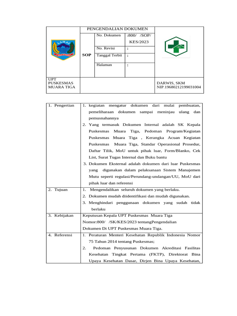 Pengendalian Dokumen Puskesmas Muara Tiga | PDF