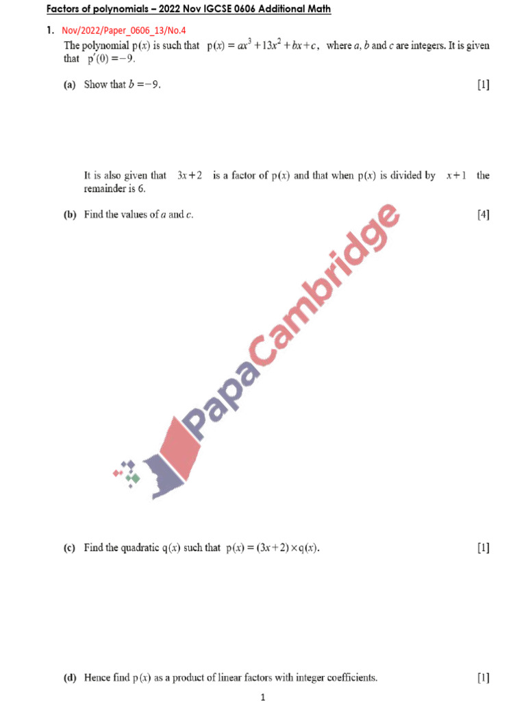 2022N Factors of Polynomials IGCSE 0606 Add Math | PDF