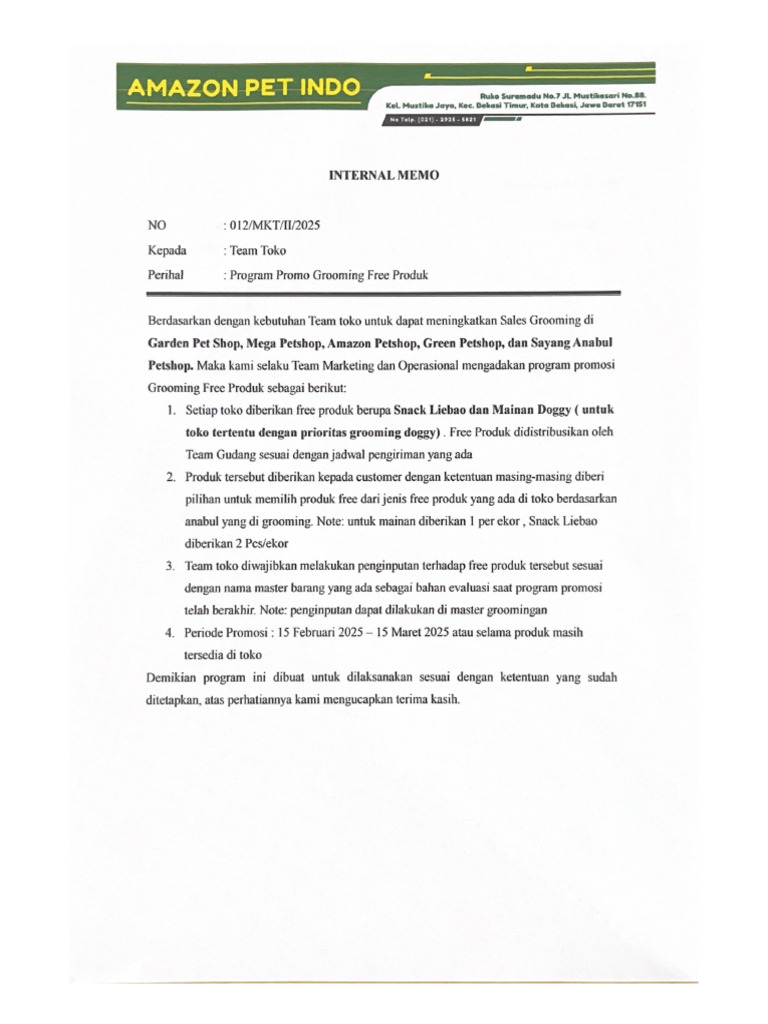 Internal Memo Grooming Free Produk | PDF