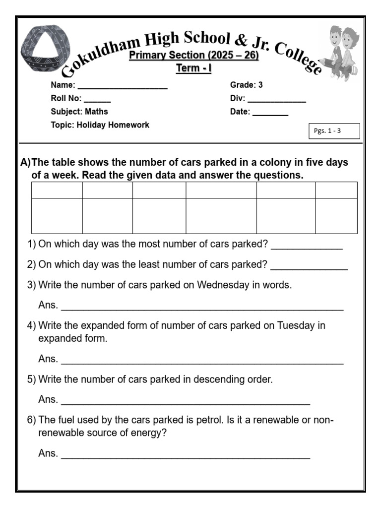 Grade 3 Maths Holiday Homework | PDF