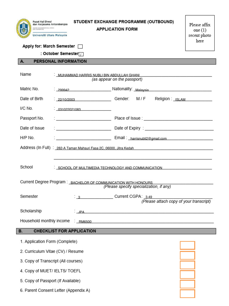 Harris Application Form Student Exchange Programme Outbound 1 | PDF ...