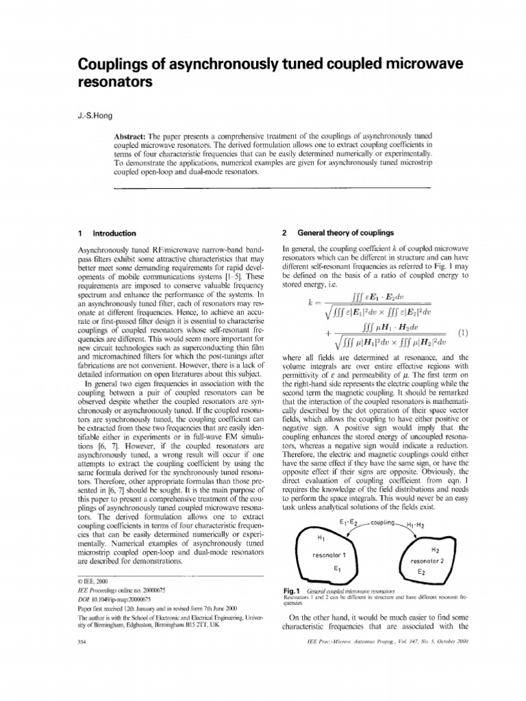 Couplings of Asynchronously Tuned Coupled Microwave Resonators | PDF ...