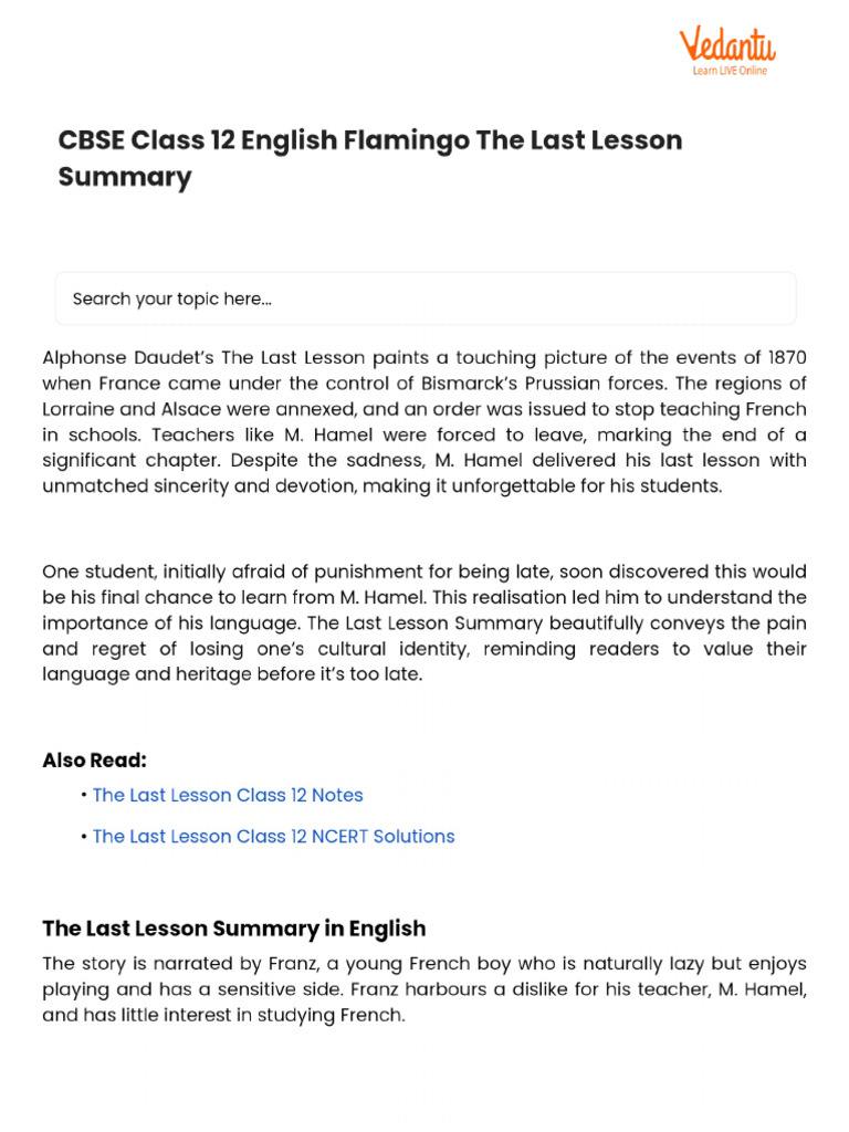 CBSE Class 12 English Flamingo The Last Lesson Summary | PDF