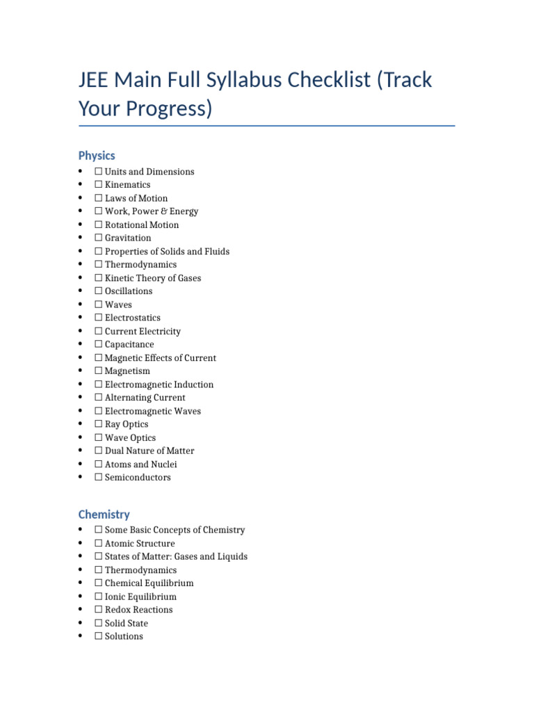 JEE Main Syllabus Checklist | PDF