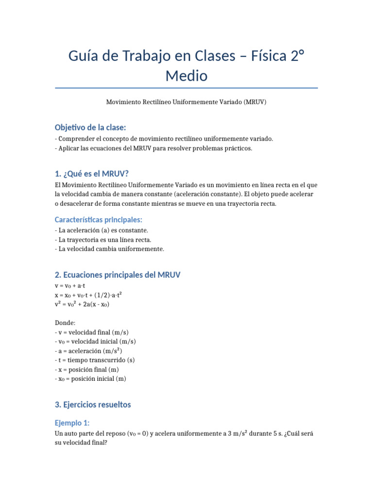 Guía MRUV Física 2M | PDF | Aceleración | Velocidad