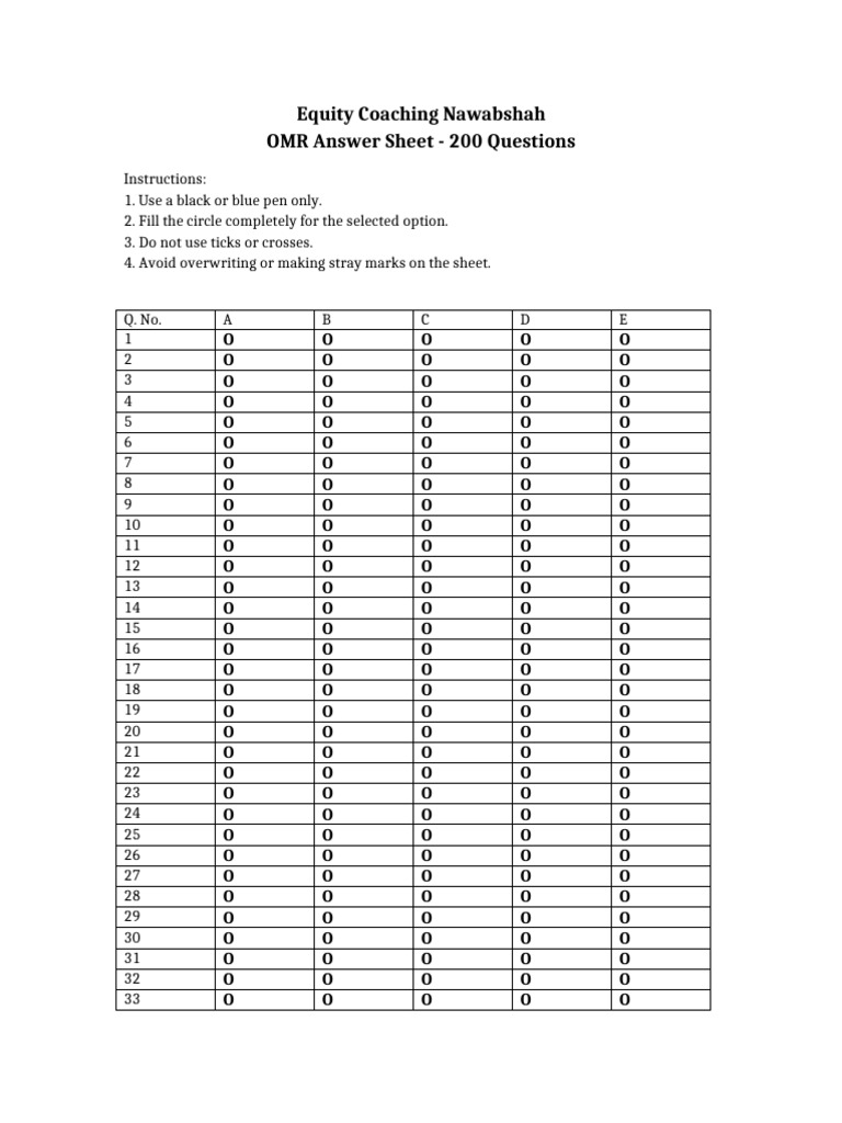 Short OMR Answer Sheet 100 Questions | PDF