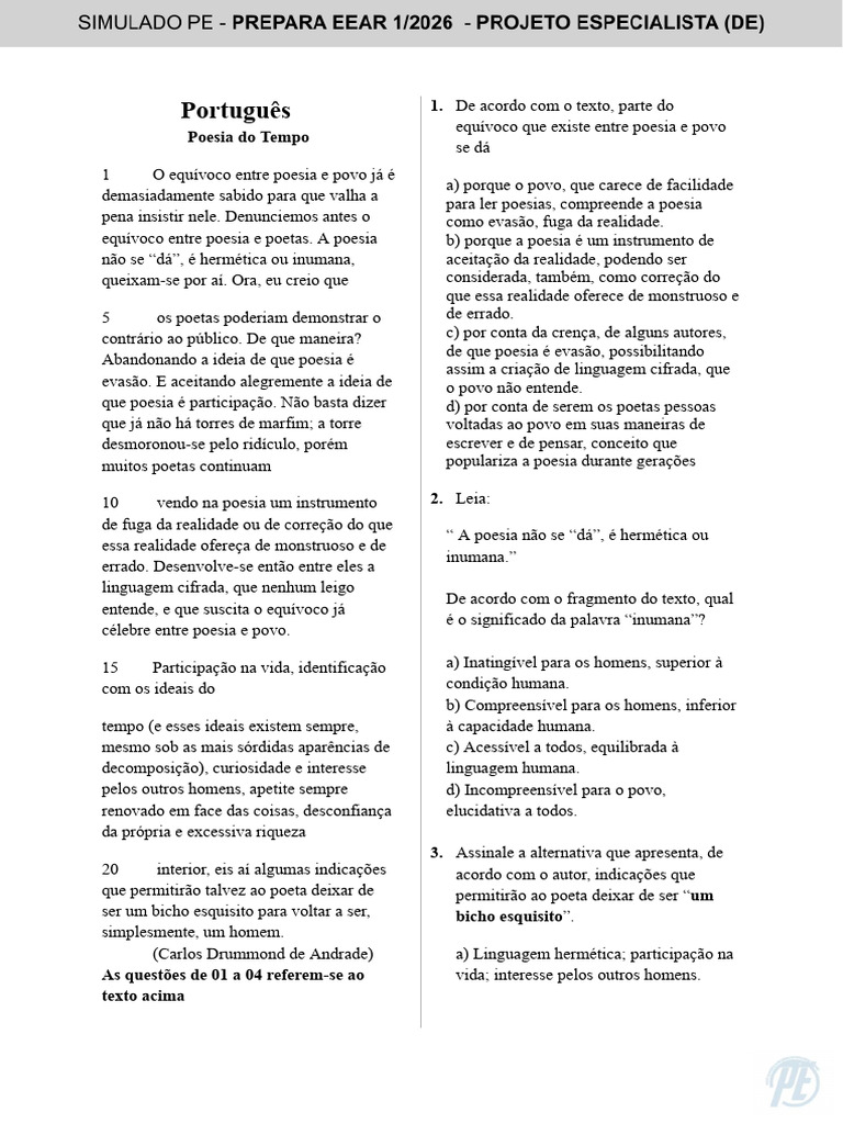 Simulado Pe - de Prepara Eear 12026 | PDF | Poesia | Assunto (gramática)