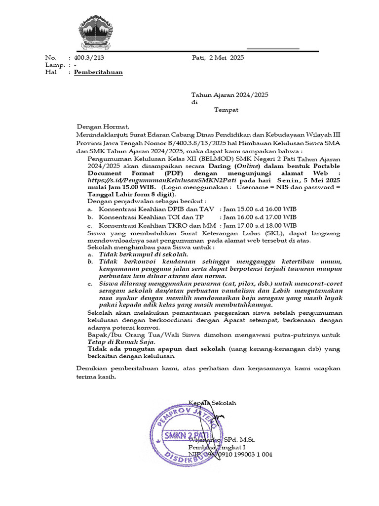 7-Se Pemberitahuan Kelulusan Ke Ortu Xii Ta 24-25 | PDF