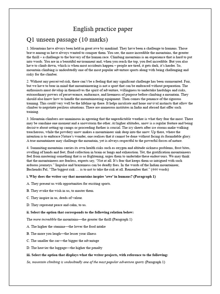 English Practice Paper 1 | PDF | Mountaineering