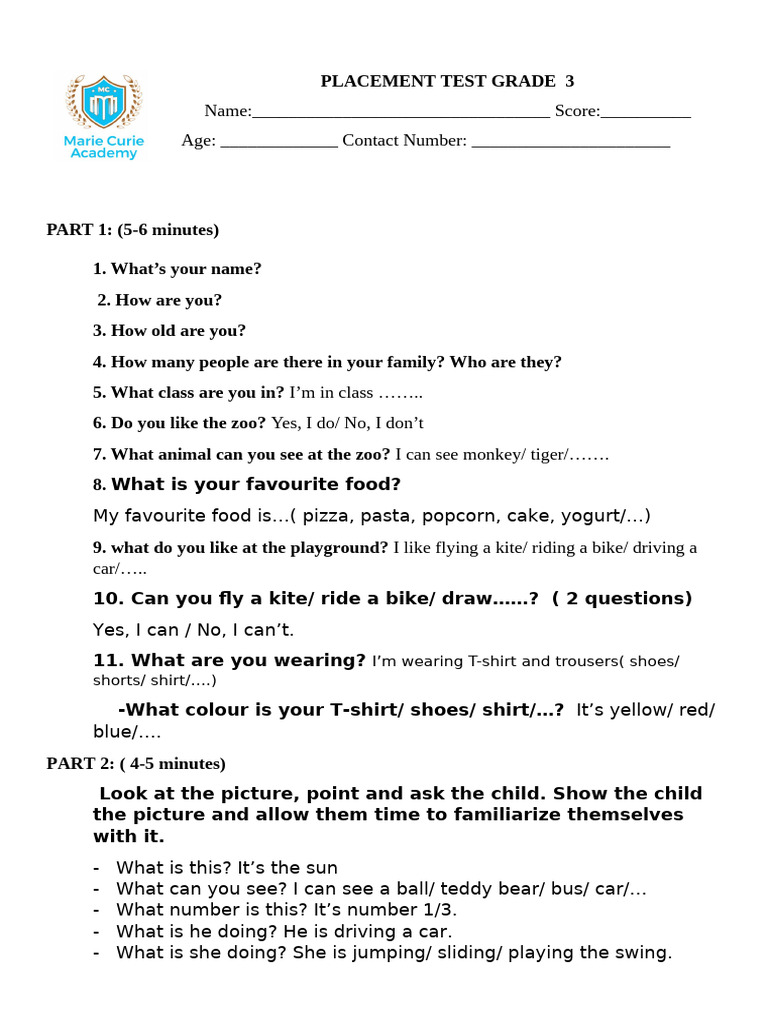 Speaking Placement Test Grade 3 | PDF