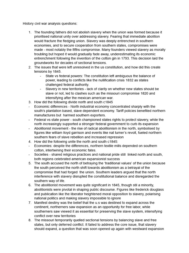 History Civil War Analysis Questions | PDF | Abolitionism In The United ...