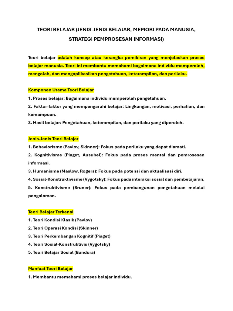 Teori Belajar (Jenis-Jenis Belajar J Memori Pada Manusia J Strategi ...