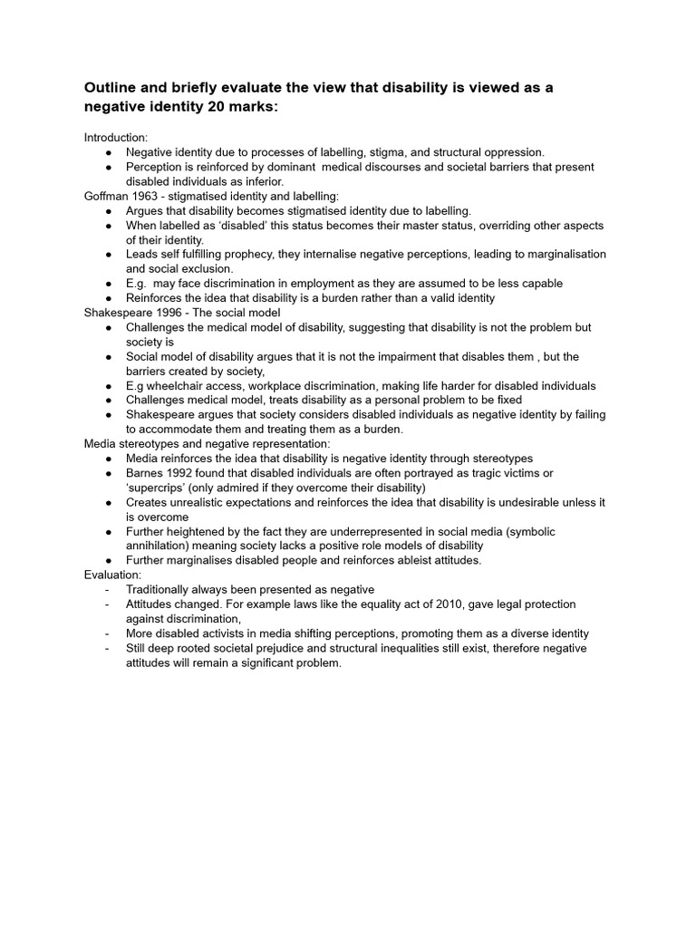 Outline and Briefly Evaluate The View That Disability Is Viewed As A ...