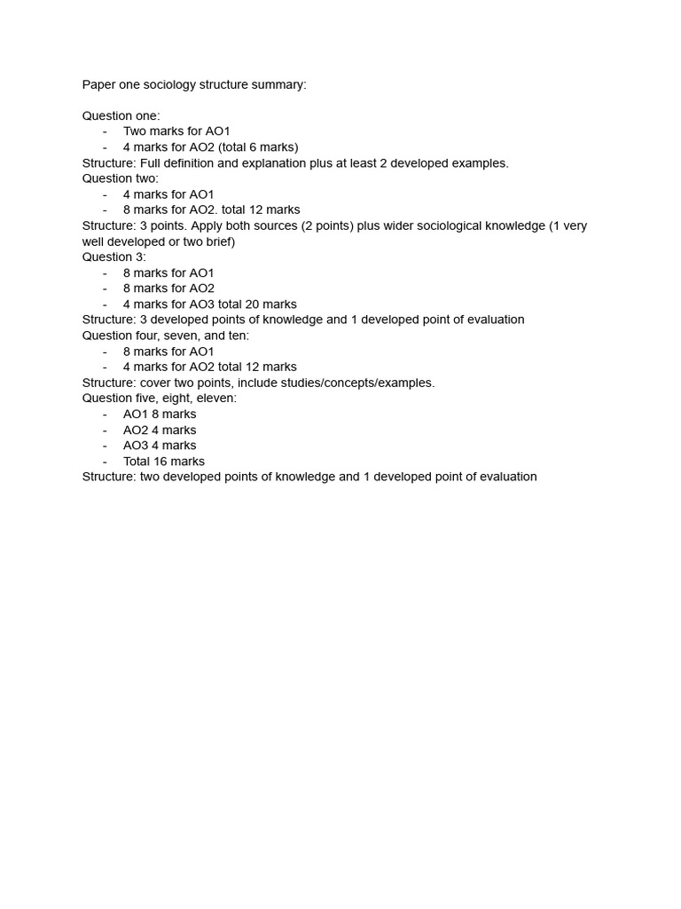 Paper One Sociology Structure Summary | PDF