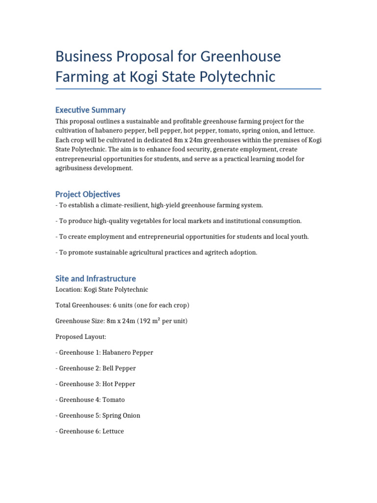 Updated Greenhouse Farming Proposal Kogi State Polytechnic | PDF ...