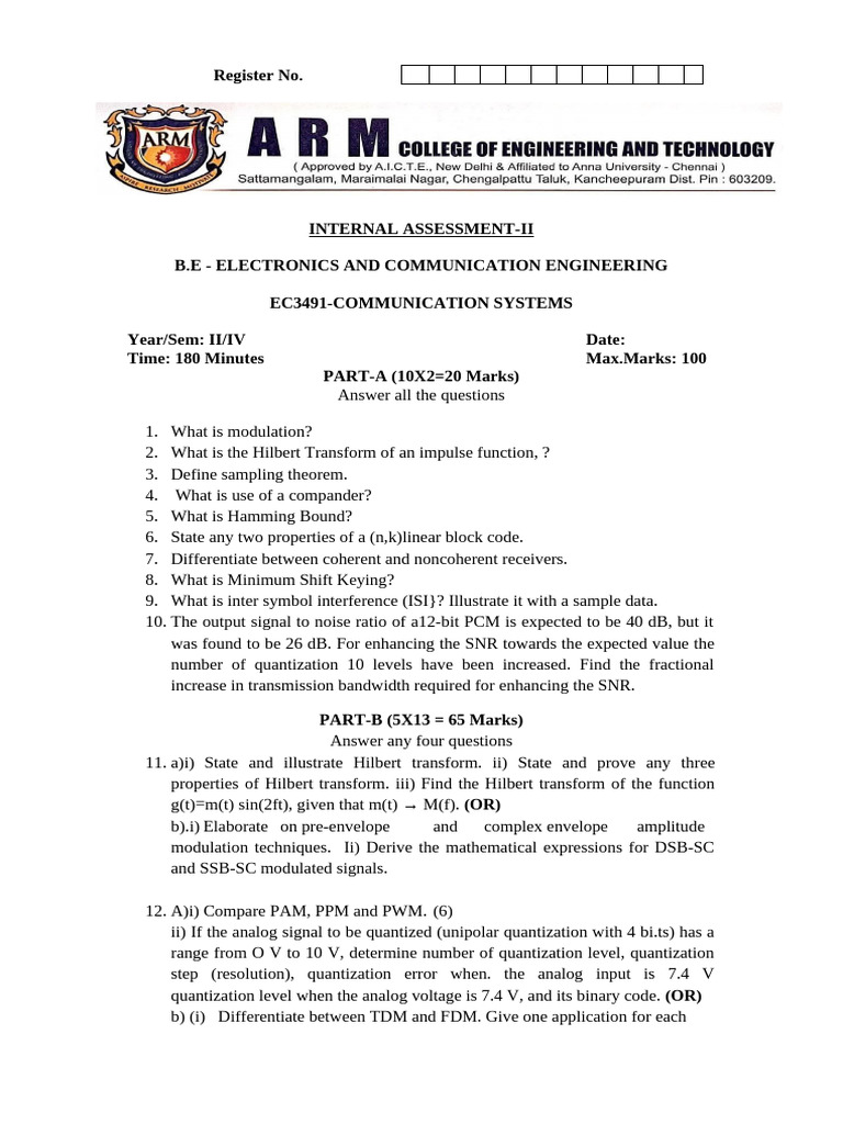 Ec3491 CS Ia-Ii QP1 | PDF | Signal To Noise Ratio | Frequency Modulation
