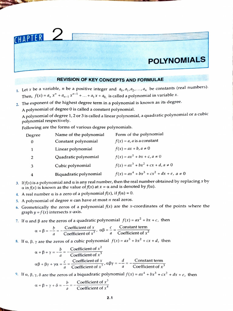 Polynomial Class 10- MCQ Sample Questions | PDF