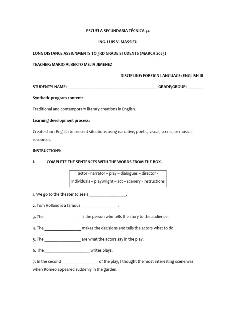 Long Distance Assignments To 3rd Grade-Playscript Theater - MARCH | PDF | Play (Theatre) | Genre