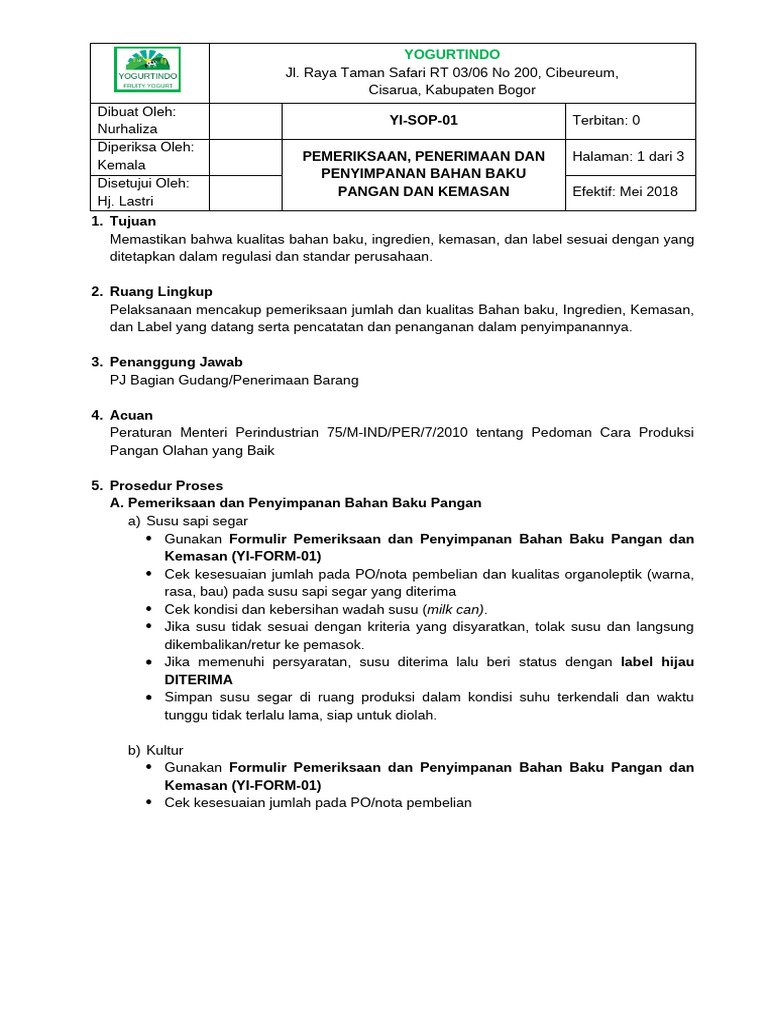 SOP-01-Pemeriksaan, Penerimaan Dan Penyimpanan Bahan Baku Pangan Dan ...