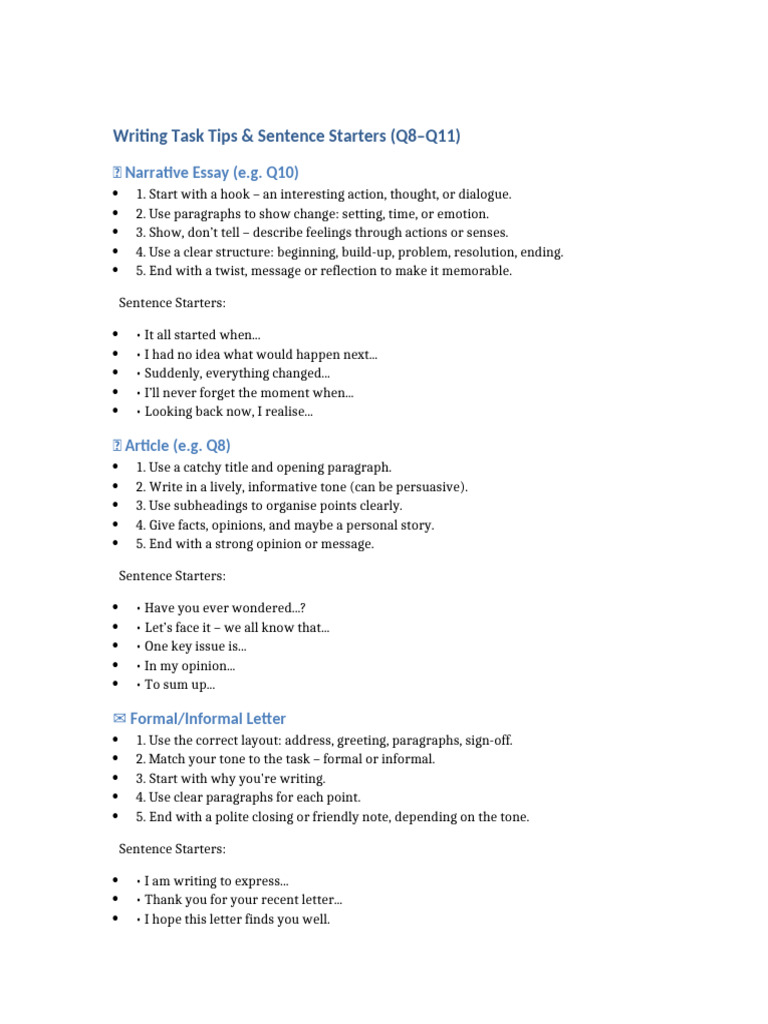 Writing Task Tips and Starters - Narrative, Article, Letter, Speech | PDF