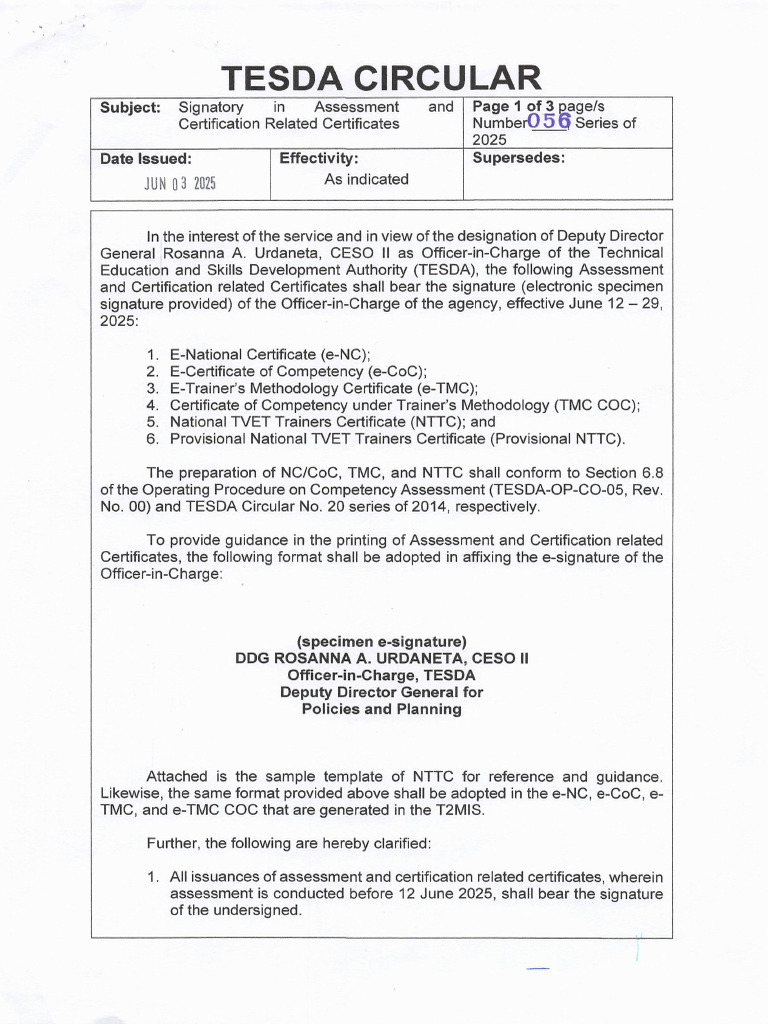 Signatory Update for TESDA Certificates | PDF