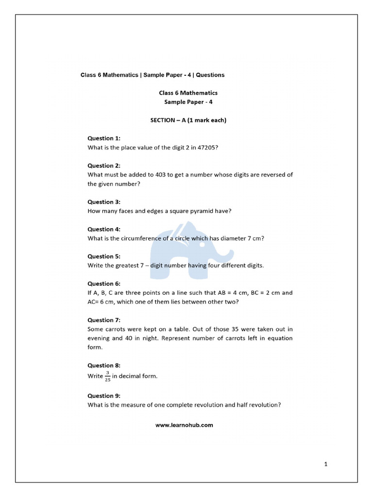 Maths Sample Paper Grade 6 ICSE | PDF