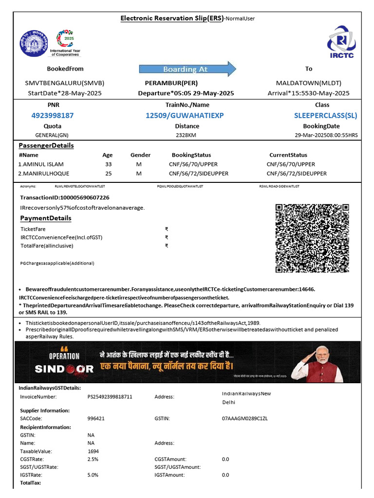 12509/GUWAHATIEXP Sleeperclass (SL) | PDF | Identity Document | Access Control