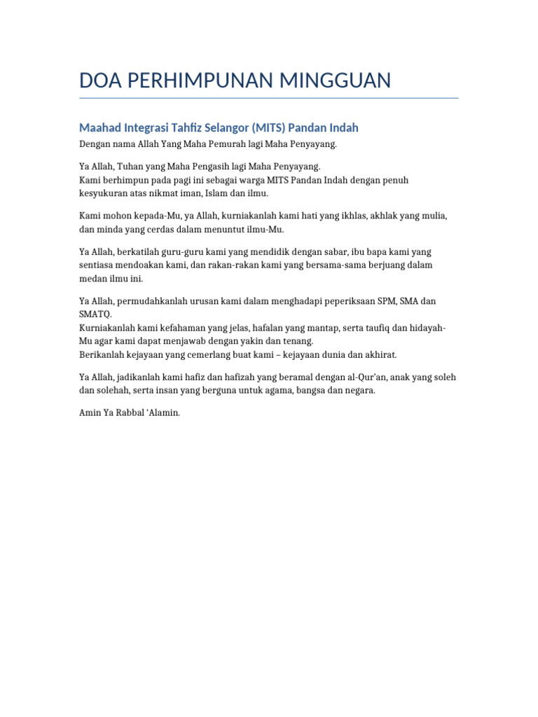 Doa Persembahan MITS Pandan Indah | PDF