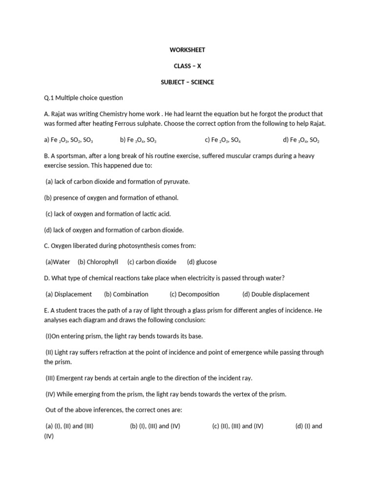 Class X Science Worksheet: MCQs & Answers | PDF | Mirror | Chemical ...