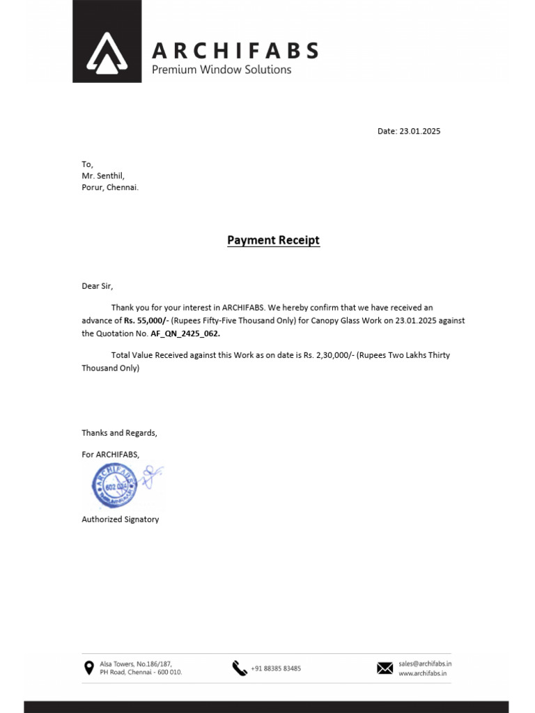 Payment Receipt for Canopy Glass Work | PDF