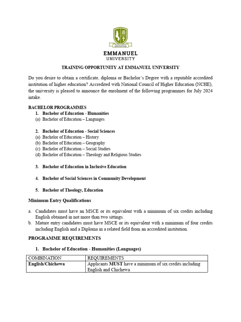 2024 Year Intake 8 Emuni Advert | PDF | Bachelor's Degree | Diploma